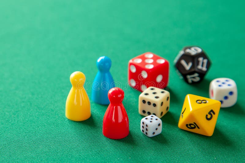 Colored Game Figures Chips for Board Games. Collection of Dice Cubes on ...