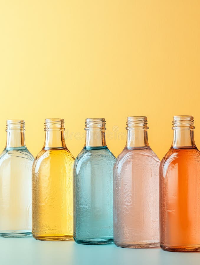Colored Glass Bottles in a Row with Soft Pastel Background. Stock Photo ...