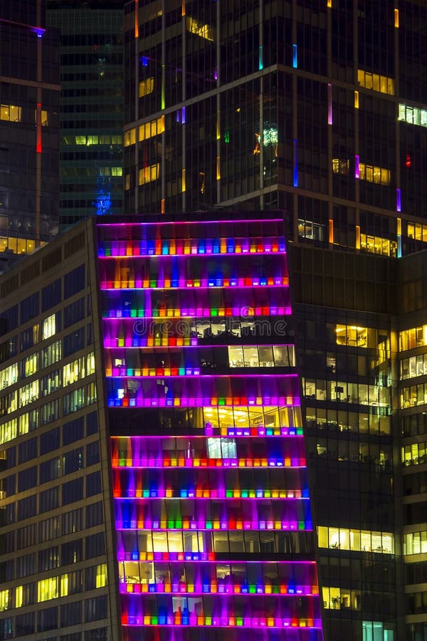 Colored Glass Facade at Night Stock Photo - Image of floor ...