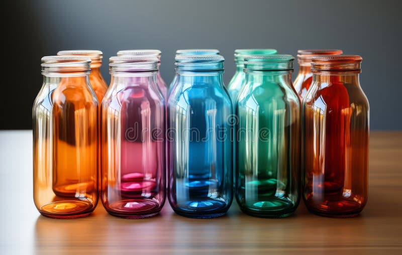 Colored Glass Jars on a White Desktop in the Style of Colorful ...