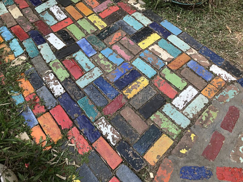 The Colored Glazed Bricks Walkway in the Garden. Stock Image - Image of ...