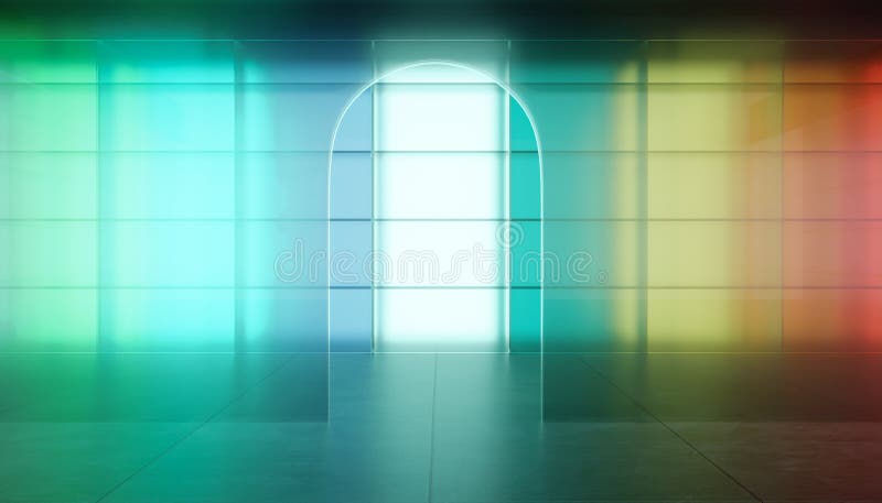 Colored Gradient Transparent Glass Wall and Glass Material Arch Door ...