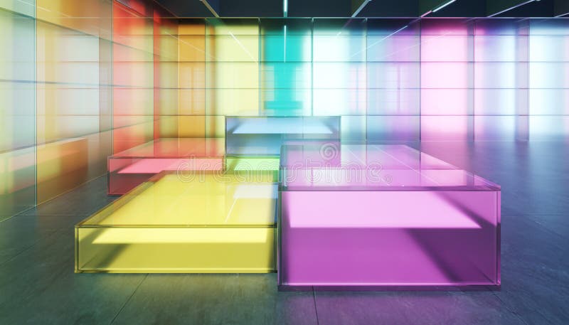 Colored Gradient Transparent Glass Wall and Glass Material Cube ...