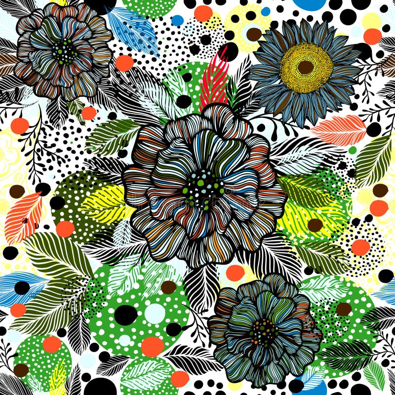 Colored Graphic Flowers Seamless Pattern. Hand Drawing Stock ...