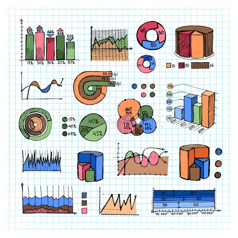Colored Graphs Charts and Diagrams on Grid Lines Stock Vector ...