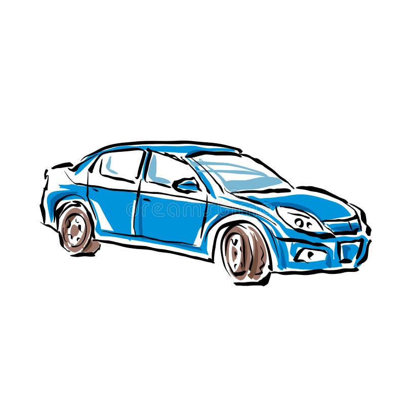 Colored Hand Drawn Car on White Background, Illustrated Sedan. Stock ...