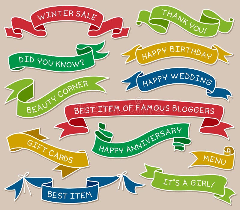 Colored Hand Drawn Ribbon Banners Set with Handwritten Messages Stock ...