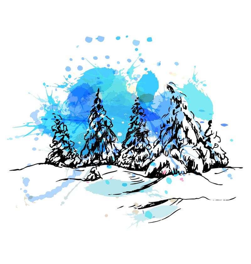 Colored Hand Sketch Winter Landscape Stock Vector - Illustration of ...