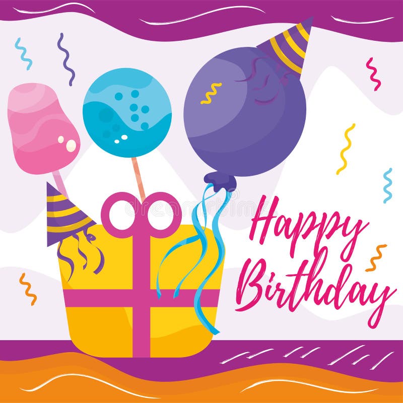 Colored Happy Birthday Gift Card Isolated Present with Balloons Vector ...