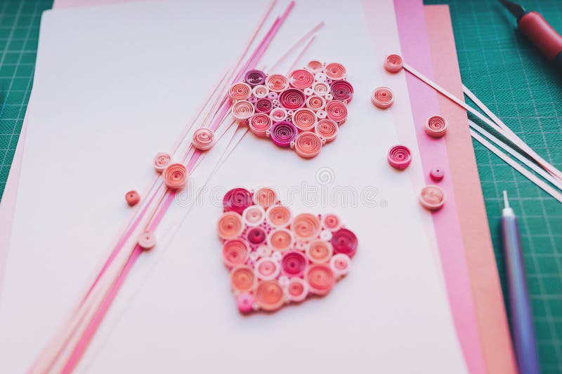 Colored Hearts from Colored Pink Paper Ribbons on Board and Paper ...