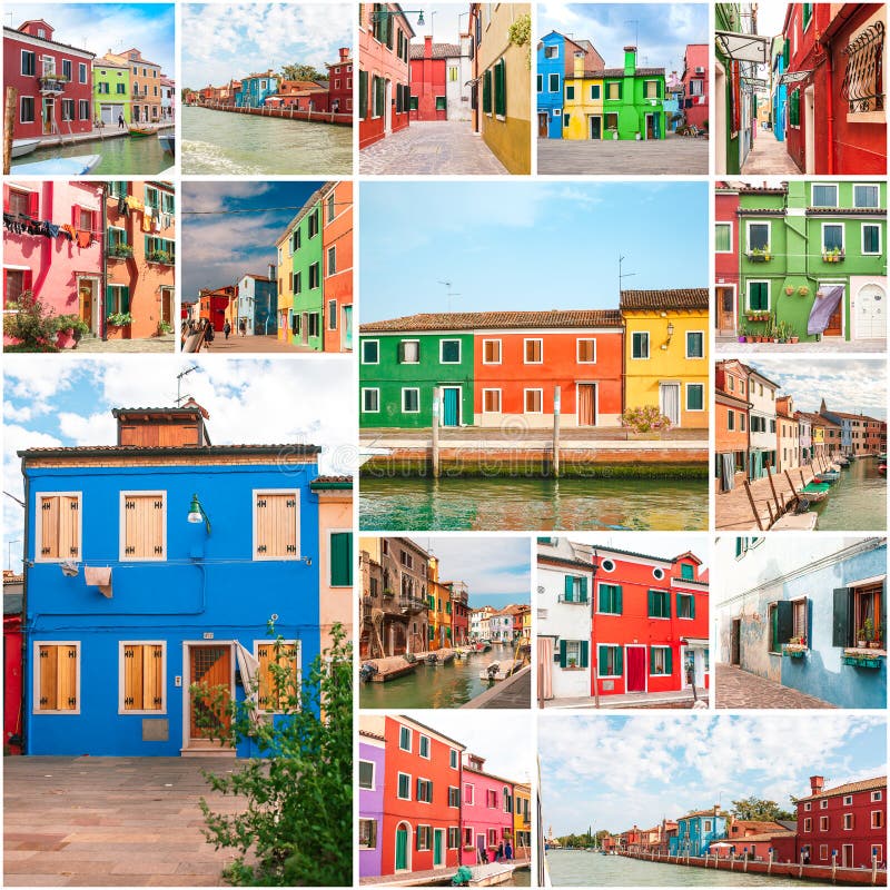 Colored Houses of Burano, Collage Editorial Stock Image - Image of city ...