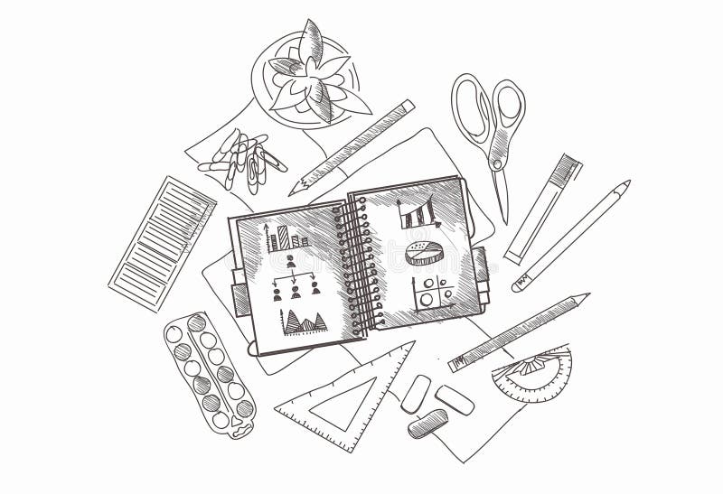Drawn Image of Work Table with Objects Stock Illustration ...
