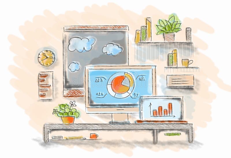 Drawn Image of Work Table with Objects Stock Illustration ...