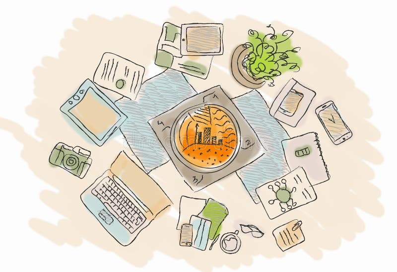 Drawn Image of Work Table with Objects Stock Illustration ...
