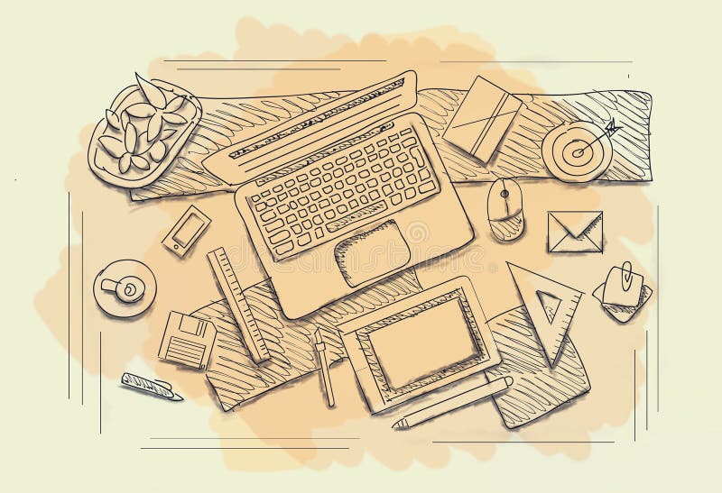 Drawn Image of Work Table with Objects Stock Illustration ...