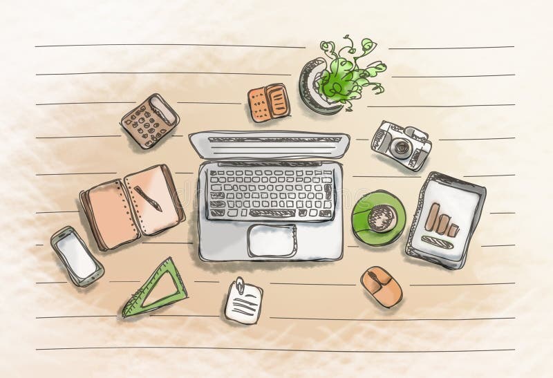 Drawn Image of Work Table with Objects Stock Illustration ...