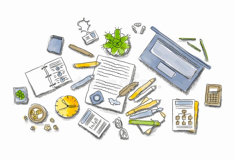 Drawn Image of Work Table with Objects Stock Illustration ...