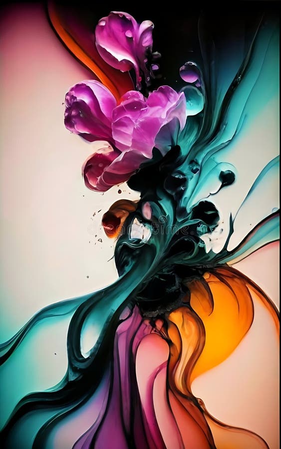 Colored Ink and Water Splash Art, Emerging with Flowers. Stock ...