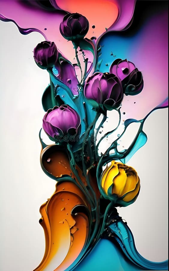 Colored Ink and Water Splash Art, Emerging with Flowers. Stock ...