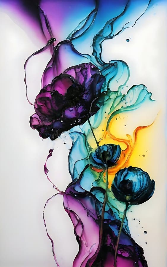 Colored Ink and Water Splash Art, Emerging with Flowers. Stock ...