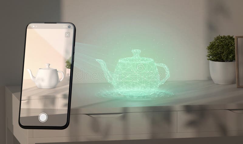 Colored Kettle Hologram Stand on Table Phone Display Augmented Reality ...