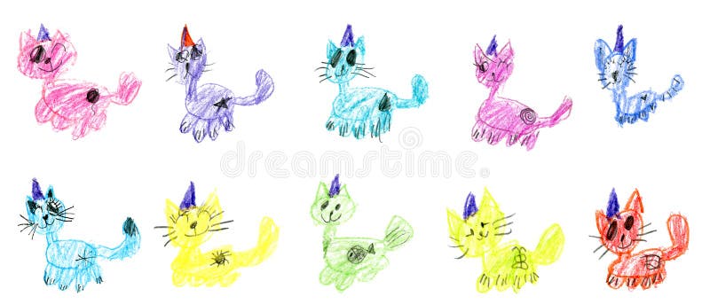 Colored Kid S Crayon Hand Drawn Illustration Cats Set Stock ...