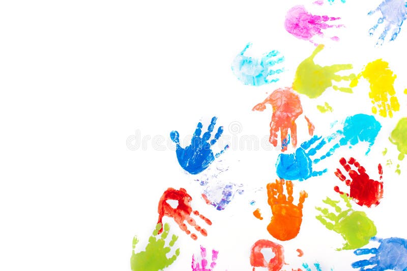 Colored Kids Handprints on White Background with Copy Space Stock ...