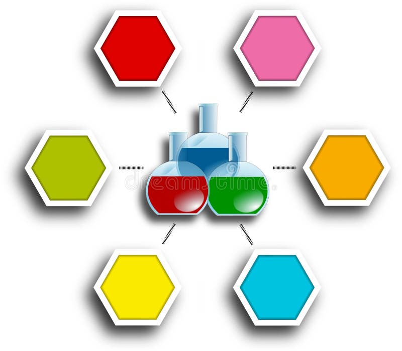 Colored Laboratory Flasks in Center of Hexagonal Infografic Report ...