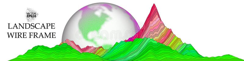 Colored Landscape with Contour Mountains and Translucent Globe Dome in ...