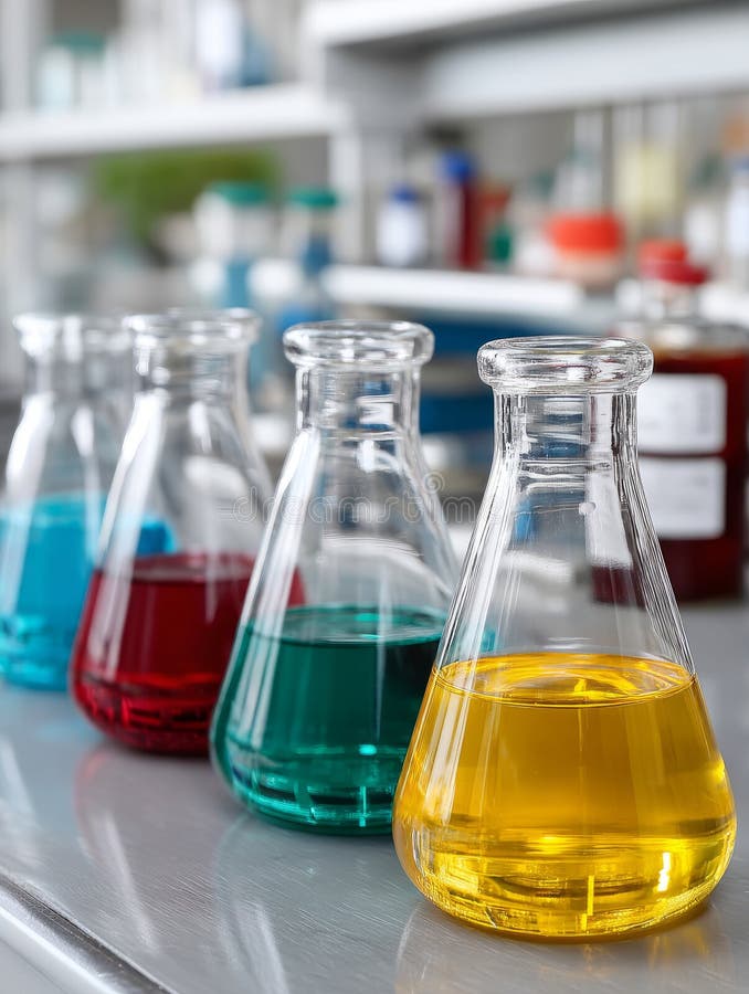 Colored Liquids in Glass Beakers in a Laboratory Setting. Stock Photo ...