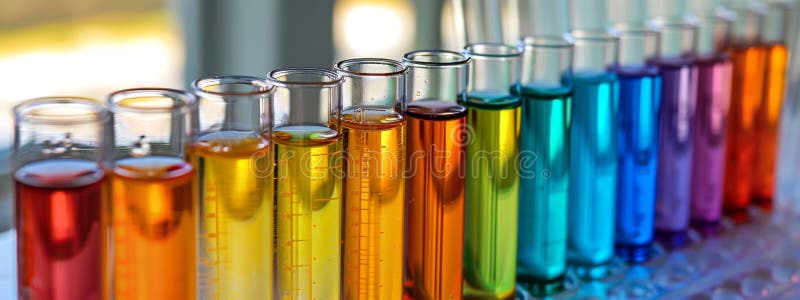 Colored Liquids in Test Tubes Arranged in a Row in a Laboratory Setting ...