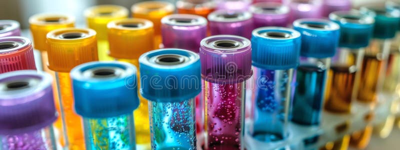 Colored Liquids in Test Tubes Arranged in a Row in a Laboratory Setting ...