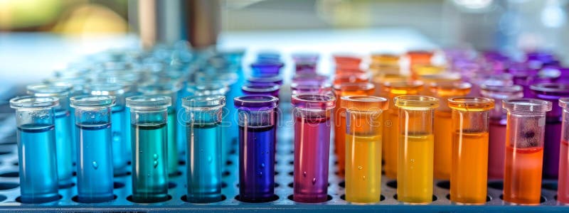 Colored Liquids in Test Tubes Arranged in a Row in a Laboratory Setting ...