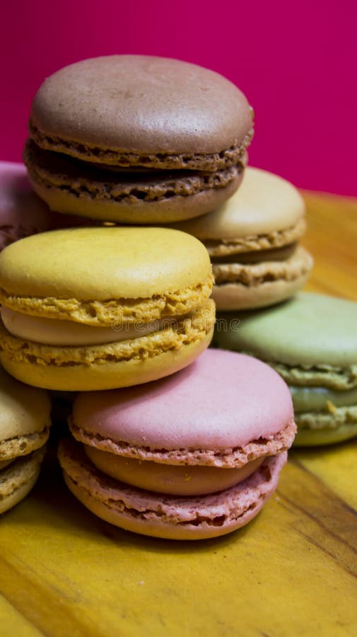 Colored Macarons on Wooden Dish, Typical French Dish Stock Image ...