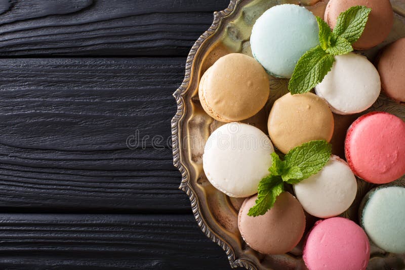 Colored Macaroons Close-up on a Platter. Horizontal Top View Stock ...