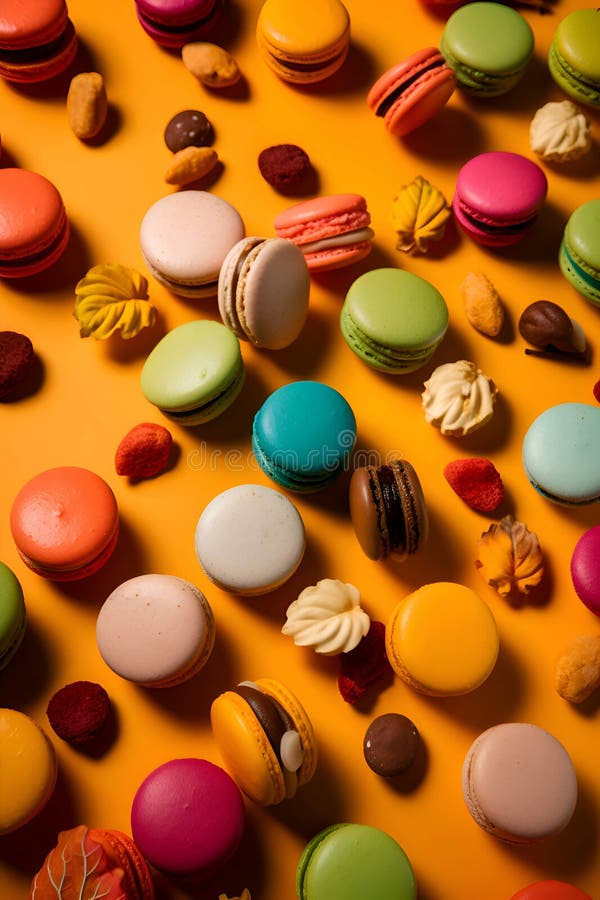 Colored Macaroons and Sweets on a Yellow Background, Generative AI ...