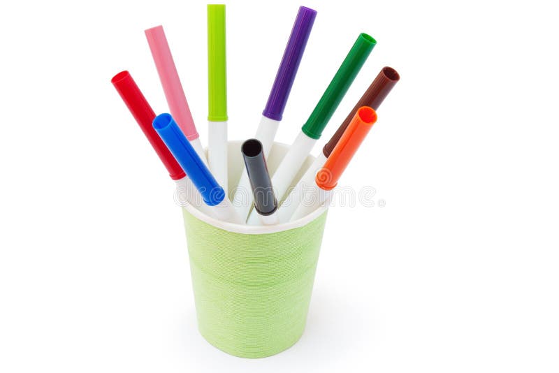 Colored Markers are in a Plastic Cup Stock Photo - Image of group ...
