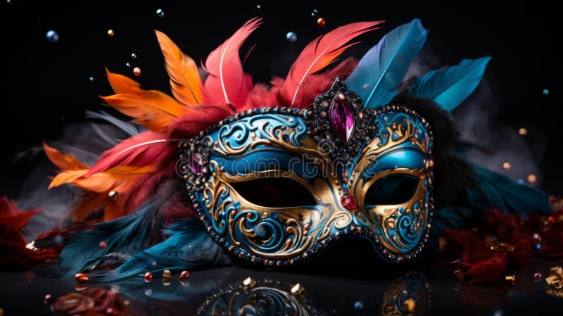 Colored Masquerade Mask with Feathers and Confetti Stock Image - Image ...