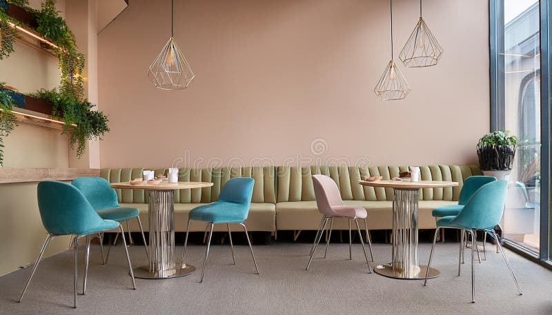 Colored Modern Cafe Interior with Chairs and Tables with Couch, Beige ...