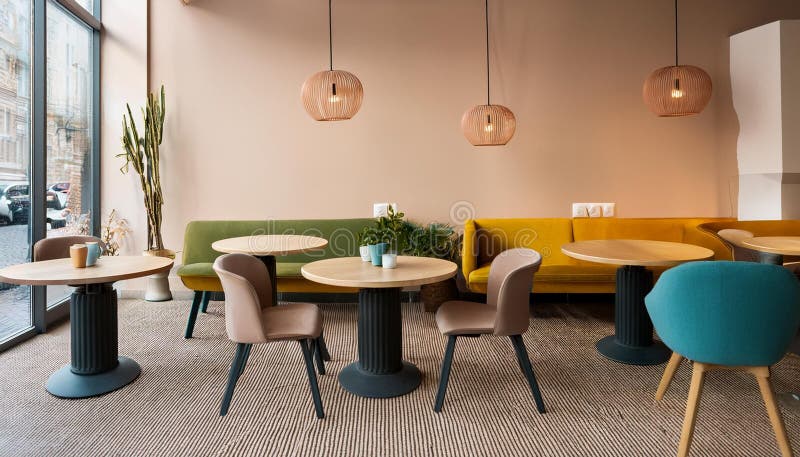 Colored Modern Cafe Interior with Chairs and Tables with Couch, Beige ...