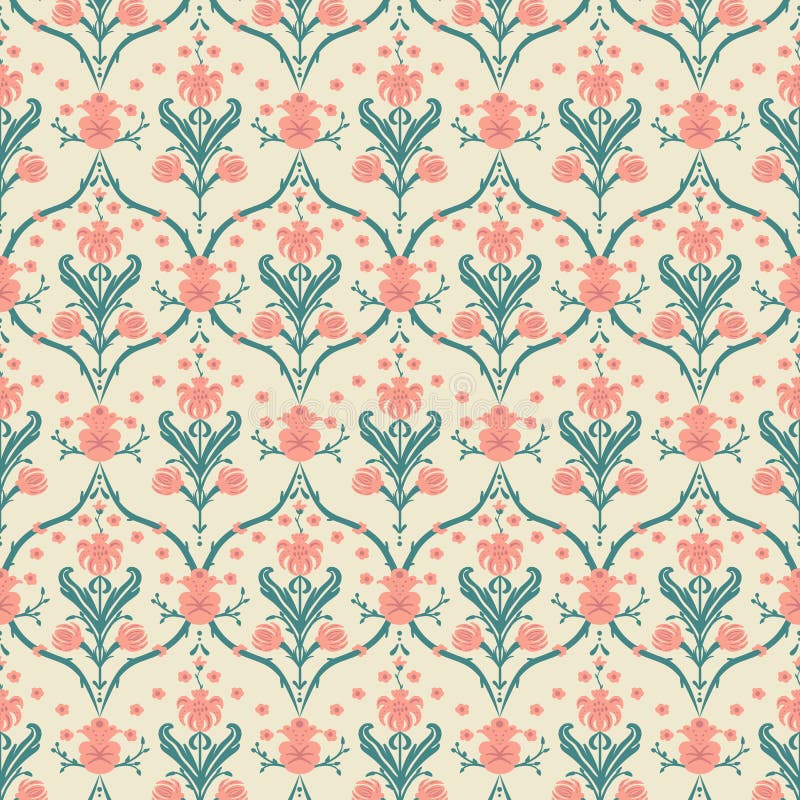 Modern Damask Bright Color Pattern with Leaves, Swirls and Bud Stock ...