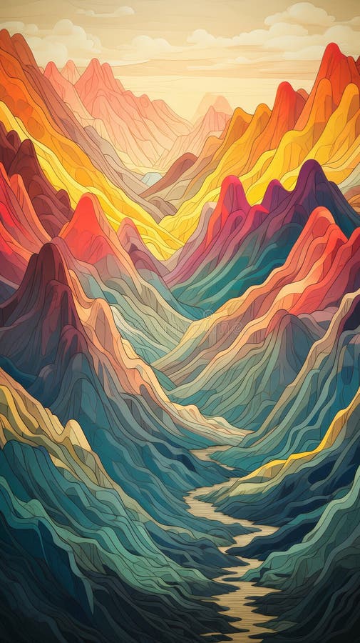 Colored Mountain and the Lines Along it, in the Style of Psychedelic ...