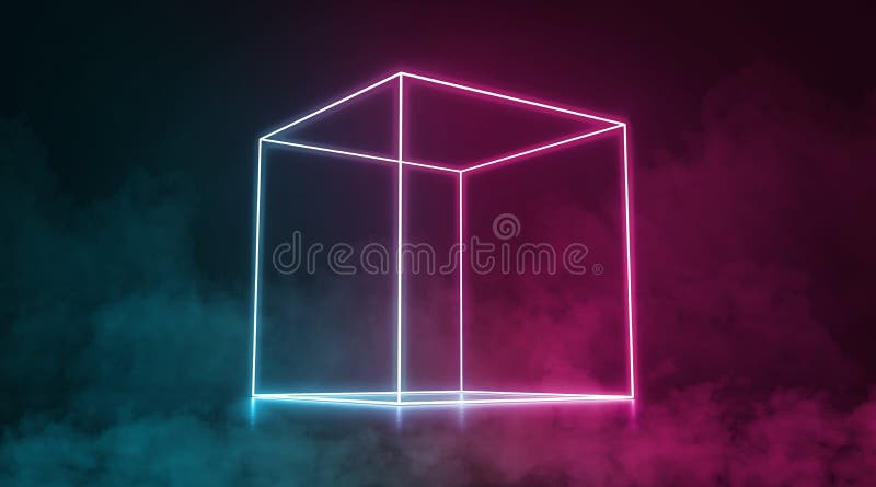Colored Neon Glowing Box Stand in Darkness, Half-turned View Stock ...