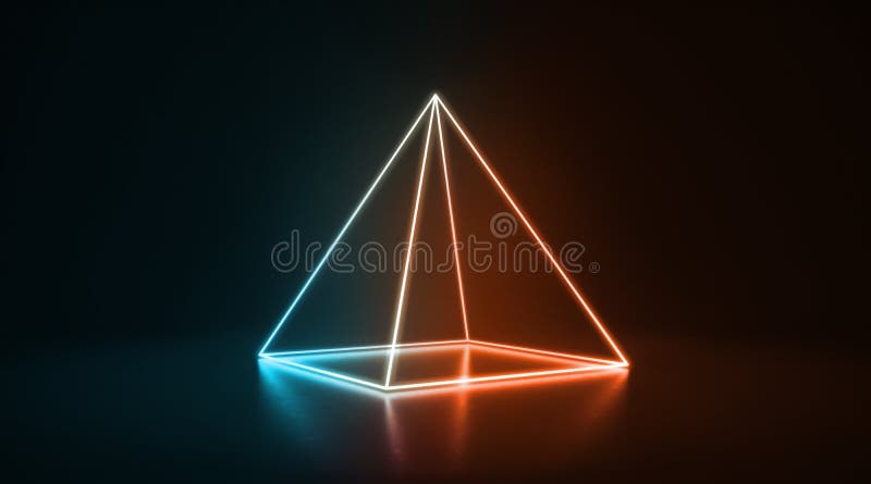 Colored Neon Glowing Pyramid Stand in Darkness Stock Illustration ...