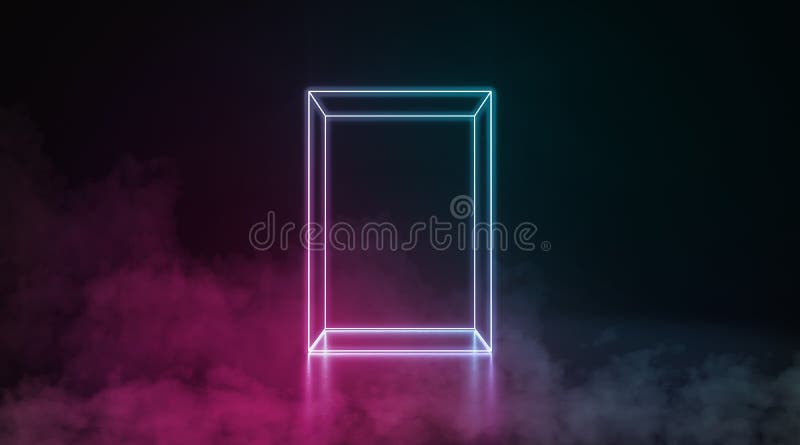 Colored Neon Glowing Rectangle Box Stand in Darkness, Fog Effect Stock ...
