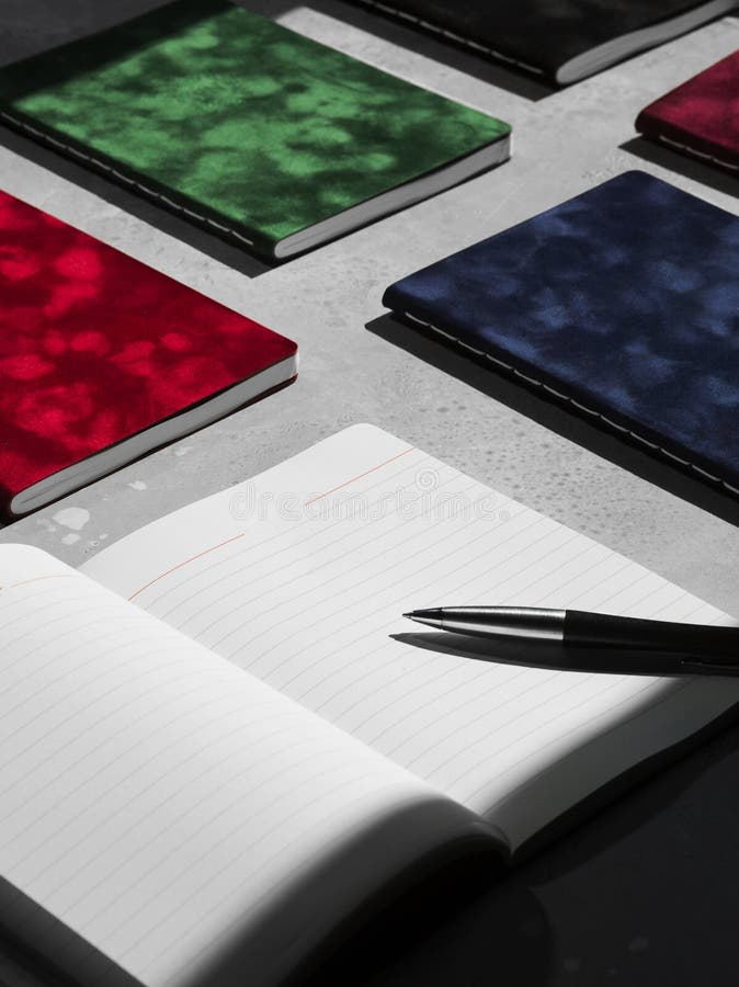 Colored Notebooks with Velvet Covers. Open Notebook with Blank Sheet of ...