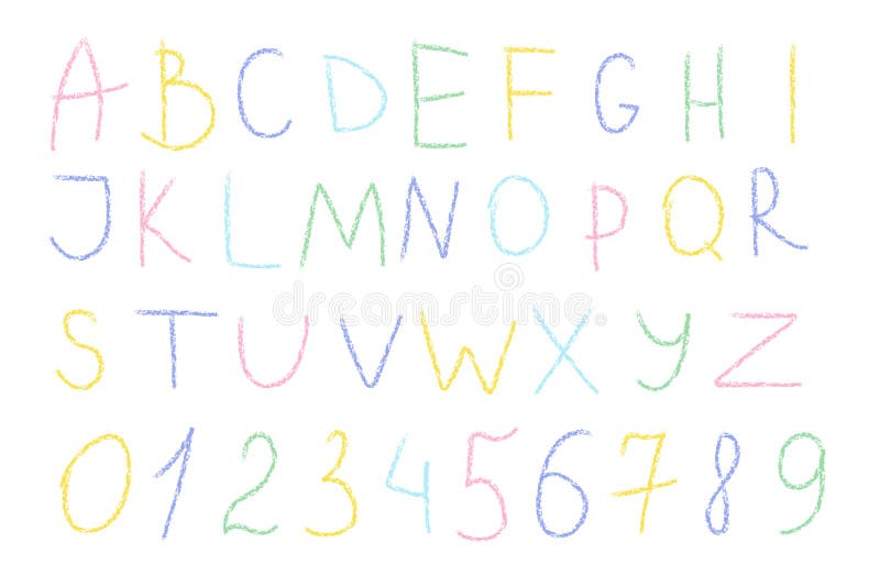 Colored Numbers, Letters Alphabet Scribbled in Wax Pencil, on White ...