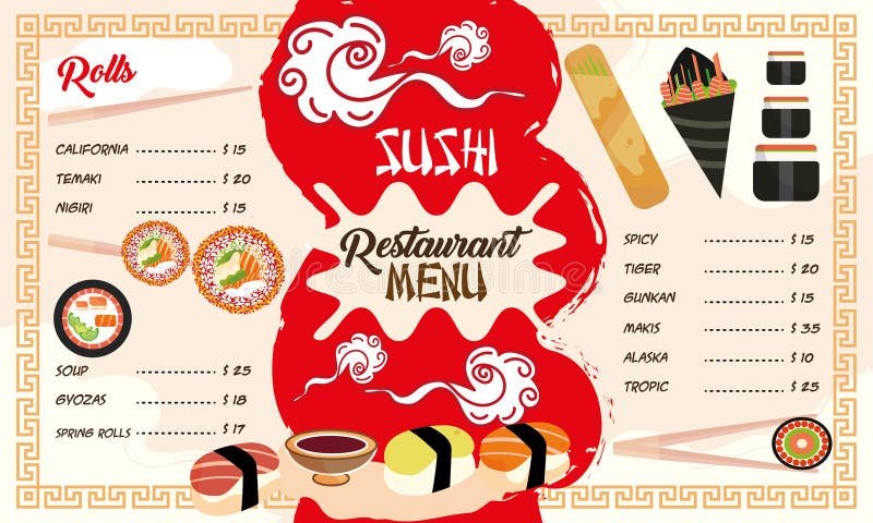 Colored Oriental Menu with Different Traditional Oriental Food Items ...