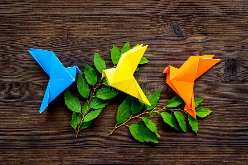 Colored Origami - Paper Birds with Leaves, Overhead View Stock Image ...