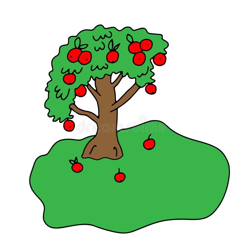Colored Outline Hand Drawing Vector Illustration of a Green Apple Tree ...